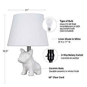 Catalina Lighting Whimsical Ceramic French Bulldog Table Lamp, 15.5", White