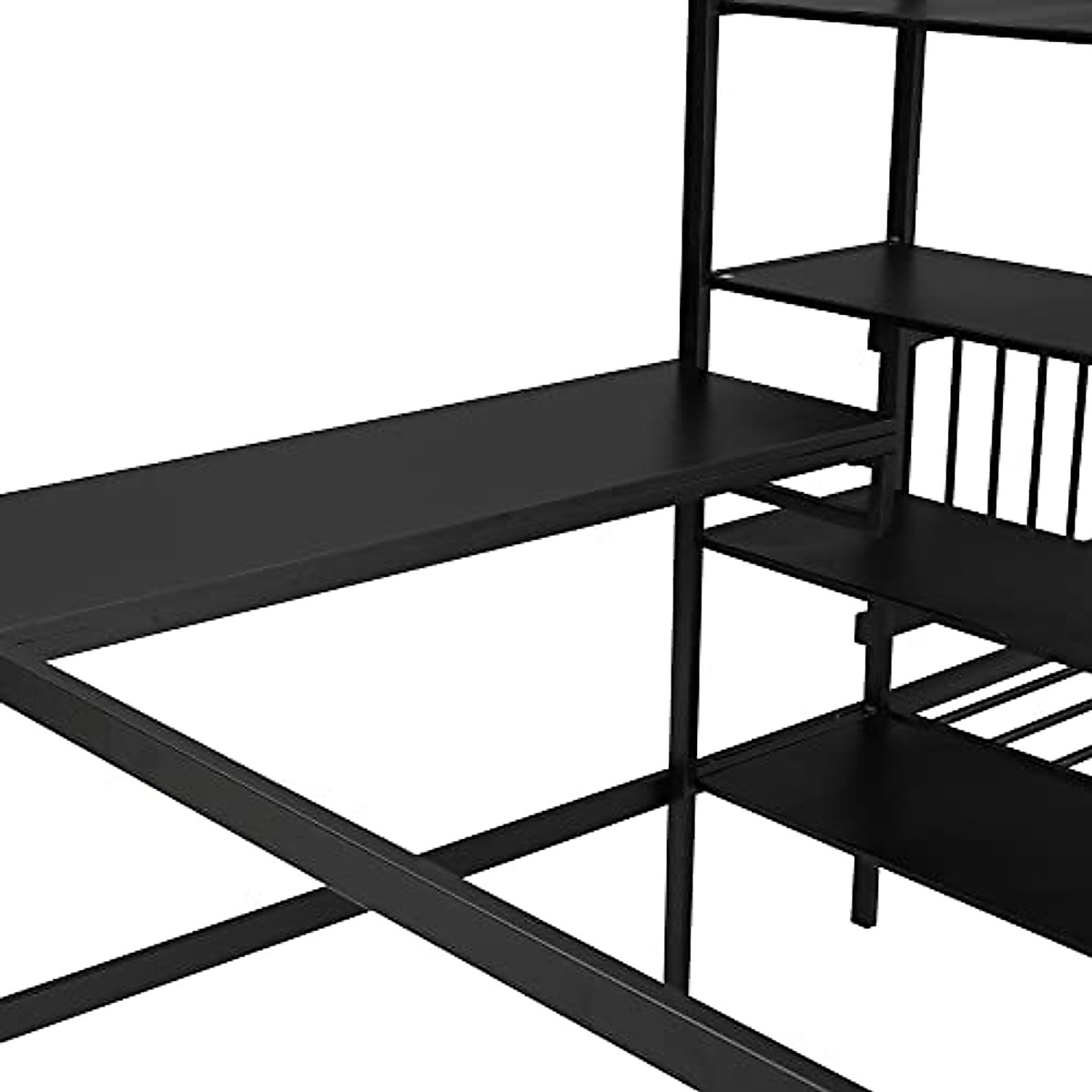 YOPTO Full Over Twin Metal Bunk Bed with Built-in Desk, Four Built-in Storage Shelves and Ladder, No Box Spring Required,Maximized Space,Bedroom Furniture for Children,Teens,Adults,Black