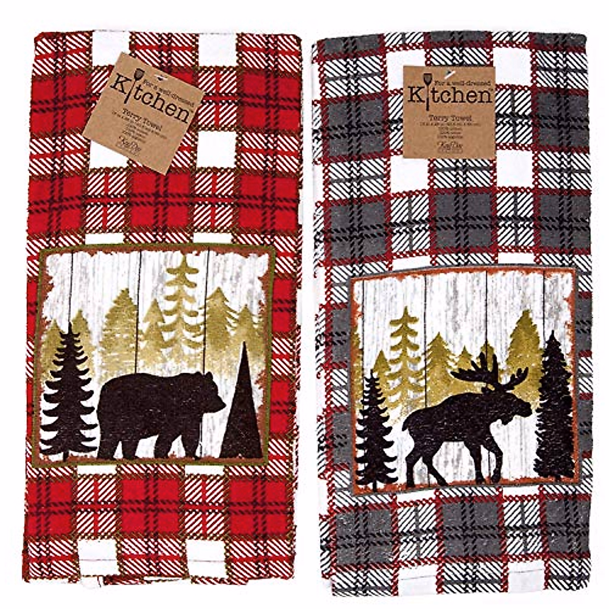Kay Dee Kitchen Terry Towels 2pc Set Cabin Moose Bear Mountain Life Value Set