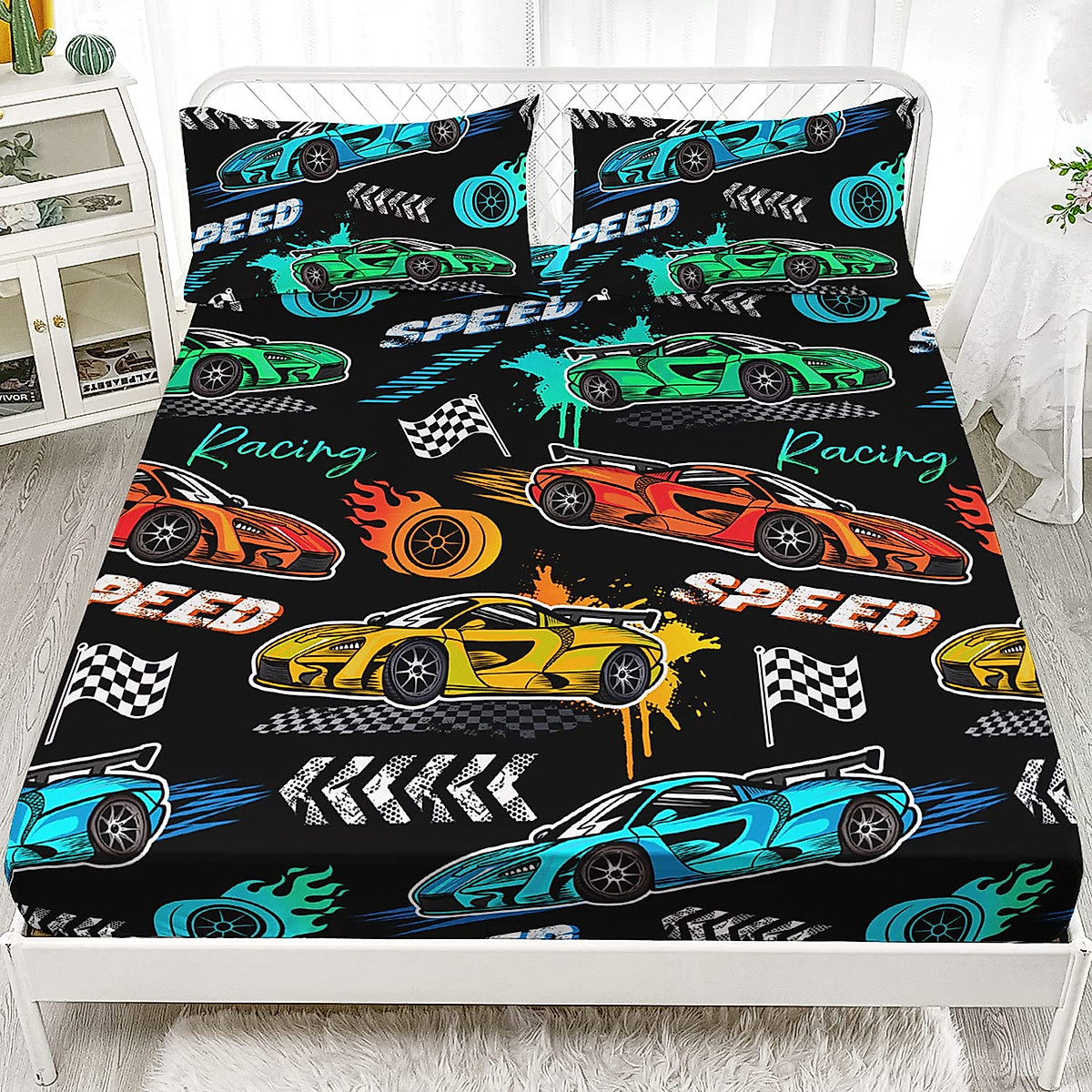 HOSIMA Child's Cartoon Sports Car Fitted Sheet 3Piece Set with 2 Pillowcases,Racing Car Bedding for Boys and Girls,Fast and Furious Extreme Sport Games Fitted Sheet,Black Twin Fitted Sheet Set.
