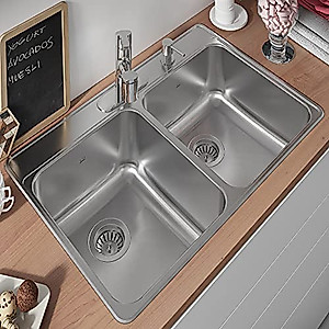 Kindred CDLA3322-8-4CBN Creemore 33-in LR x 22-in FB x 8-in DP Drop In Double Bowl 4-Hole Stainless Steel Kitchen Sink, No Size