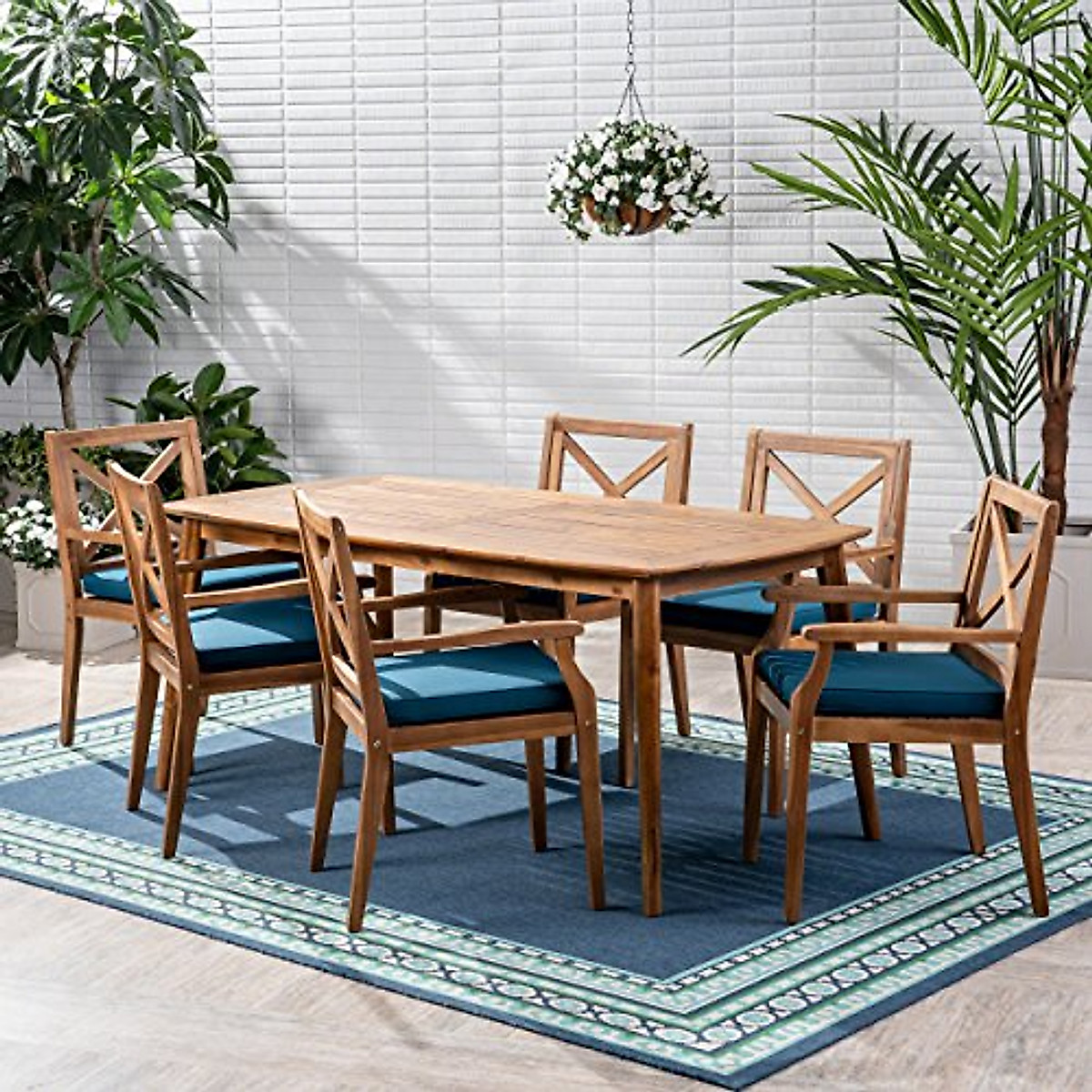 Christopher Knight Home Harvey Outdoor 7 Piece Acacia Wood Dining Set, Teak Finish/Blue