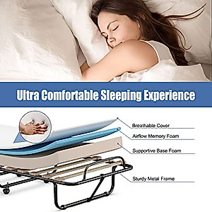 Giantex Folding Bed with Mattress for Adults, Rollaway Guest Beds w/Memory Foam Mattress & Metal Frame, Made in Italy, Cot Size Rollaway Bed, Portable Foldable Sleeper Bed for Home, Beige