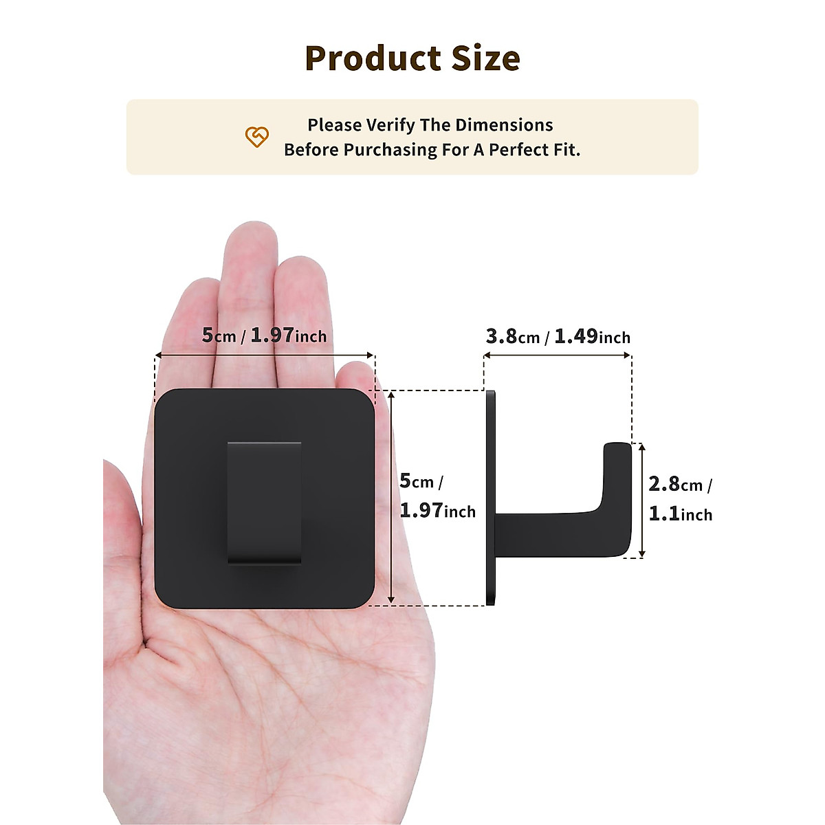 GWAAZXGZ Square Self Adhesive Towel Hooks - Matte Black Bathroom Hooks for Hanging Towel, Coats, Modern and Stylish Hooks for Bathrooms and Kitchen, 2 Pack