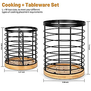 Toosci 2 Pcs Kitchen Utensil Holder - Stainless Steel and Bamboo Utensil Holder for Kitchen Counter, Large Spoon Spatula Holder for Kitchen Organizer（XL+L