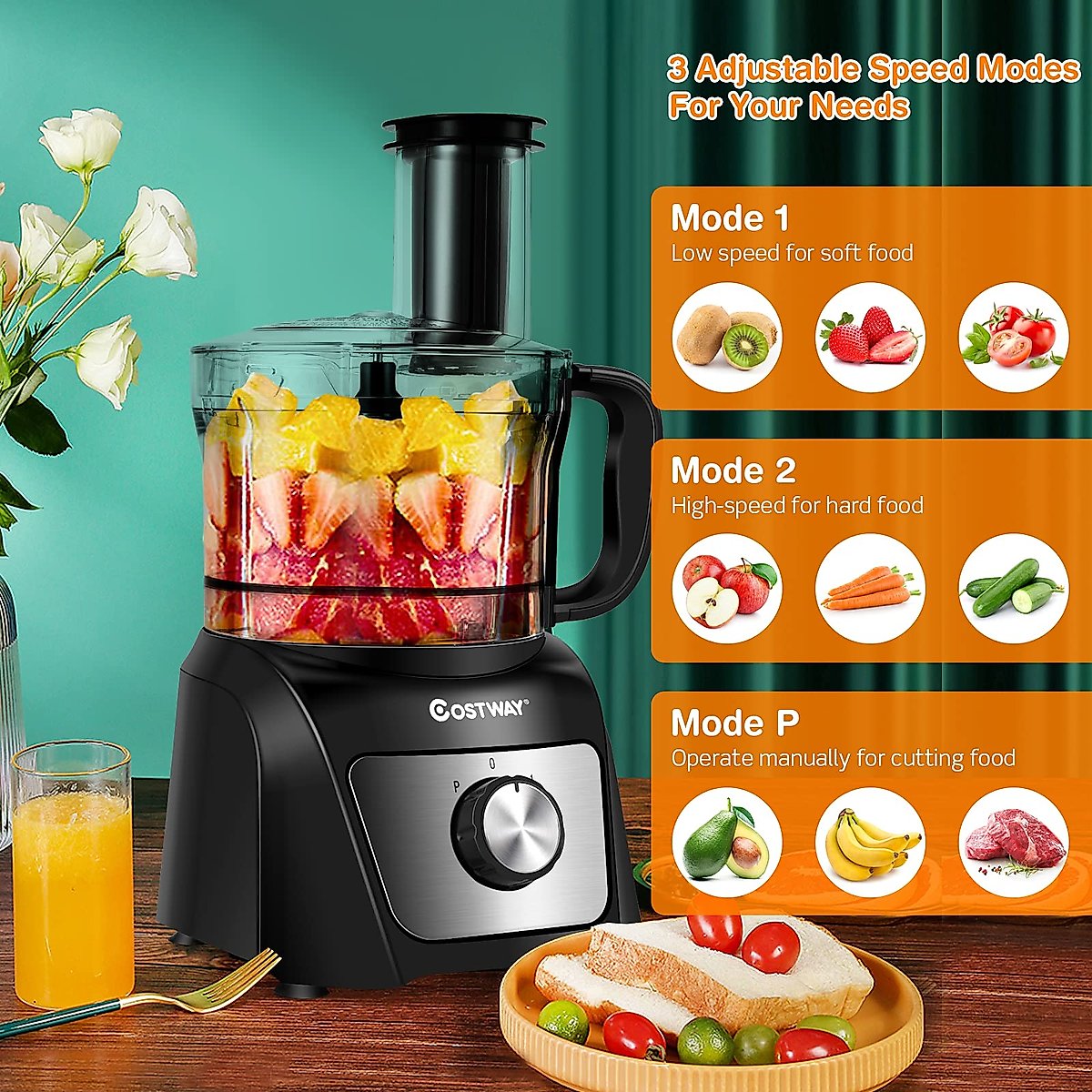 COSTWAY Food Processor & Blender, 500W Professional Food Chopper with 3 Blades, 3-Speed Adjustment, Dual Safety Lock Design, Large Capacity Bowls, for Crushing, Slicing, Shredding, Juicing