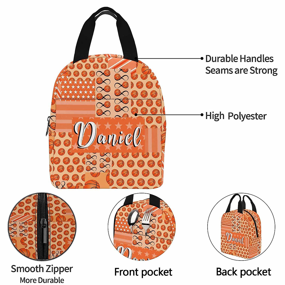 Custom Boys Insulated Lunch Bag with Name Reusable Lunch Bag for Teen Orange Basketball Personalized Lunch Totes Bags Cooler Lunch Bag for Kids Work School Picnic or Travel