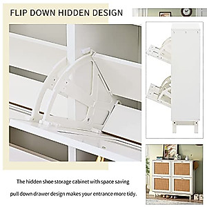 BOLGTO Rattan Shoe Cabinet with 4 Flip Drawers, Wooden Shoe Storage Organizer Cabinet for Entryway Slim, Free Standing Rattan Shoe Rack with Legs, Shoe Organizer for Heels, Boots, Slippers (White)