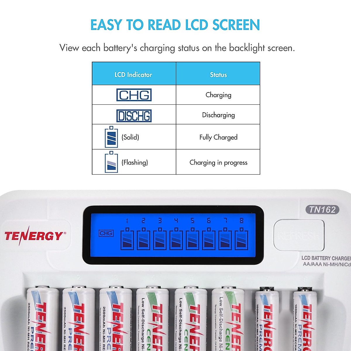 Tenergy TN162 8-Bay Smart LCD Battery Charger for Rechargeable AA/AAA NiMH/NiCd Batteries