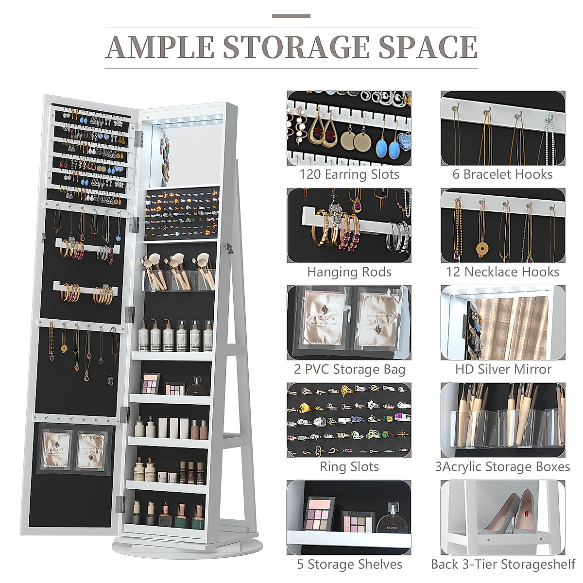 LVSOMT LED Mirror Jewelry Cabinet Standing, 360° Swivel Jewelry Organizers and Storage, Farmhouse Mirror with Jewelry Storage, Lighted Jewelry Armoire with Full Length Mirror (Pure White)