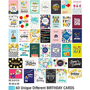 60 Happy Birthday Cards Assortment - Bday Cards in Bulk - 5x7 Assorted Variety Box Set Pack Unique Designs with Envelopes - Birthday Card for Men Women Kids - for Office - Greeting Message Inside