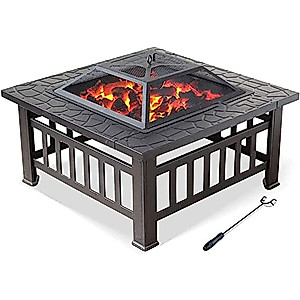 LEAYAN Garden Fire Pit Grill Bowl Grill Barbecue Rack Fire Pit Table with BBQ Grill Shelf, Square Firepit for Barbecue Heater, Ice Pit, Metal Brazier for Patio Outdoor, with Waterproof Cover Fire Pit