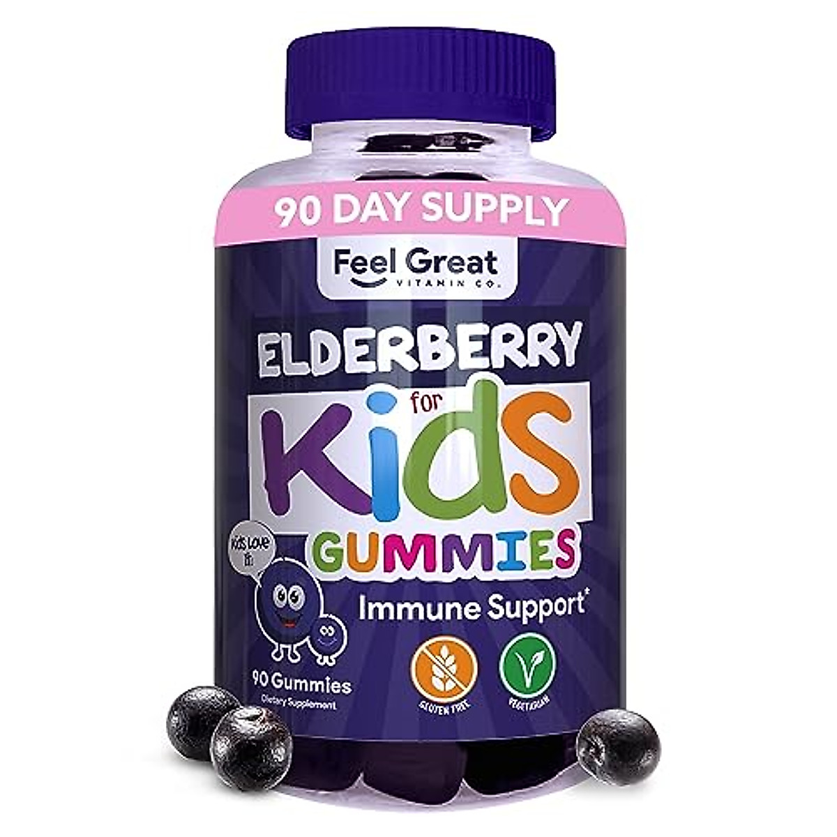 Feel Great Kids Elderberry Gummies with Zinc and Vitamin C | Kids Immune Support Sambucus Elderberry Gummies | Berry Flavored Vegan Kids Multivitamins | 90 Day Supply