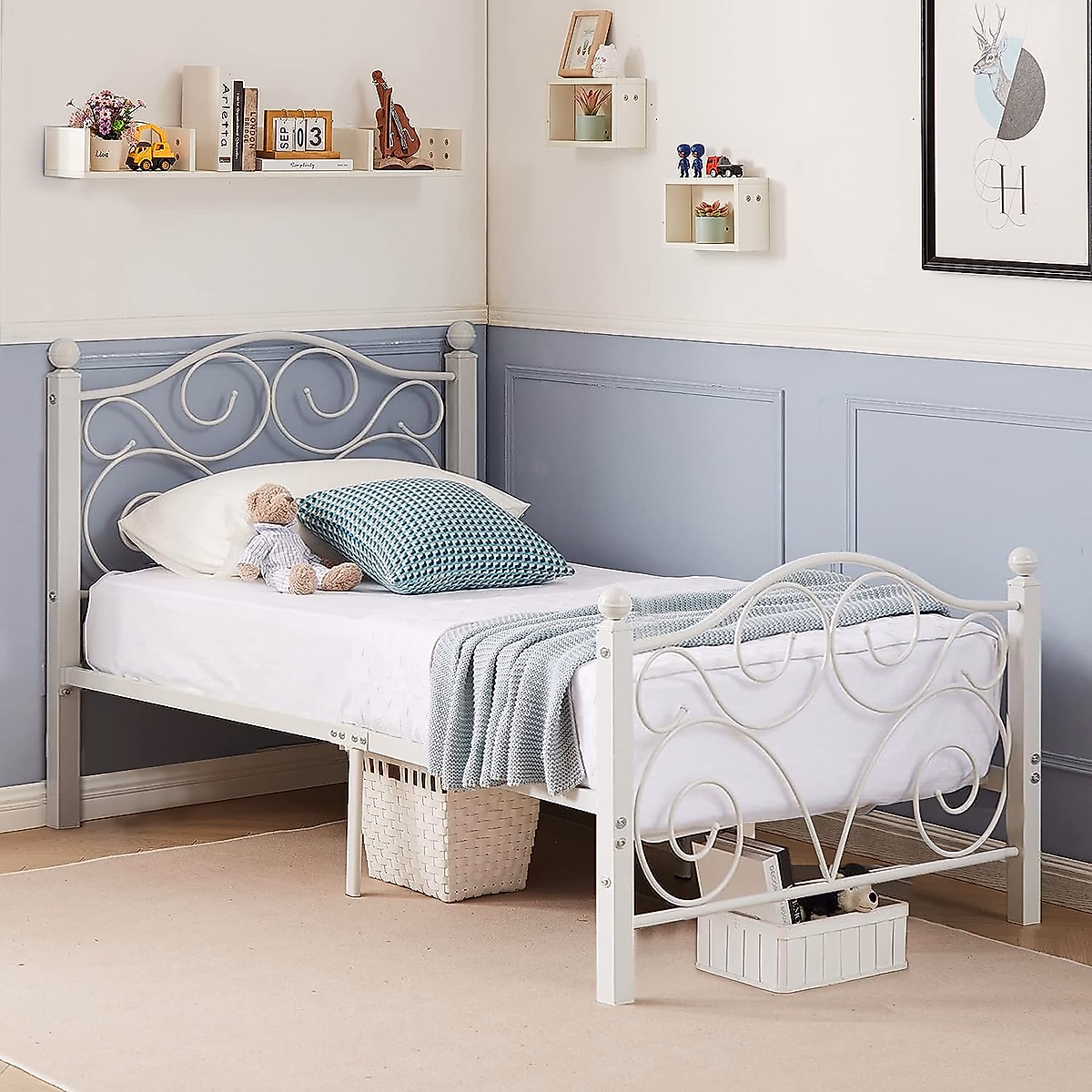 VECELO Twin Size Bed Frame with Headboard and Footboard, Heavy Duty Metal Slat Support, Platform Mattress Foundation, No Box Spring Needed, Easy Assembly, White