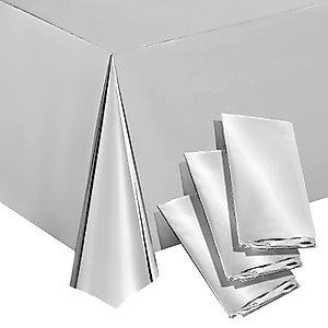 Juvale 3 Pack Metallic Silver Plastic Tablecloth for Birthday Party Decorations (Shiny Foil, 54x108)
