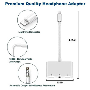 3 in 1 Lightning to 3.5mm Jack Headphone Adapter Earphone Jack Audio and Charging Adapter Headphone Splitter Compatible for iPhone 13 12 11 SE XS XR X 8 7 and iPad