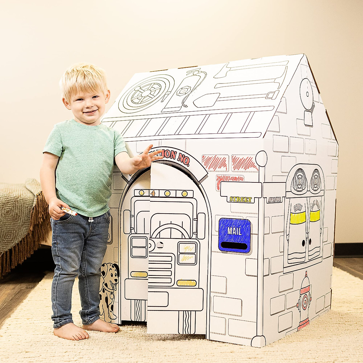 Easy Playhouse Police and Fire Station - Kids Art & Craft for Indoor & Outdoor Fun – Decorate & Personalize The Cardboard Fort, 32" X 26. 5" X 40. 5" - Made in USA, Age 3+ [Amazon Exclusive], white