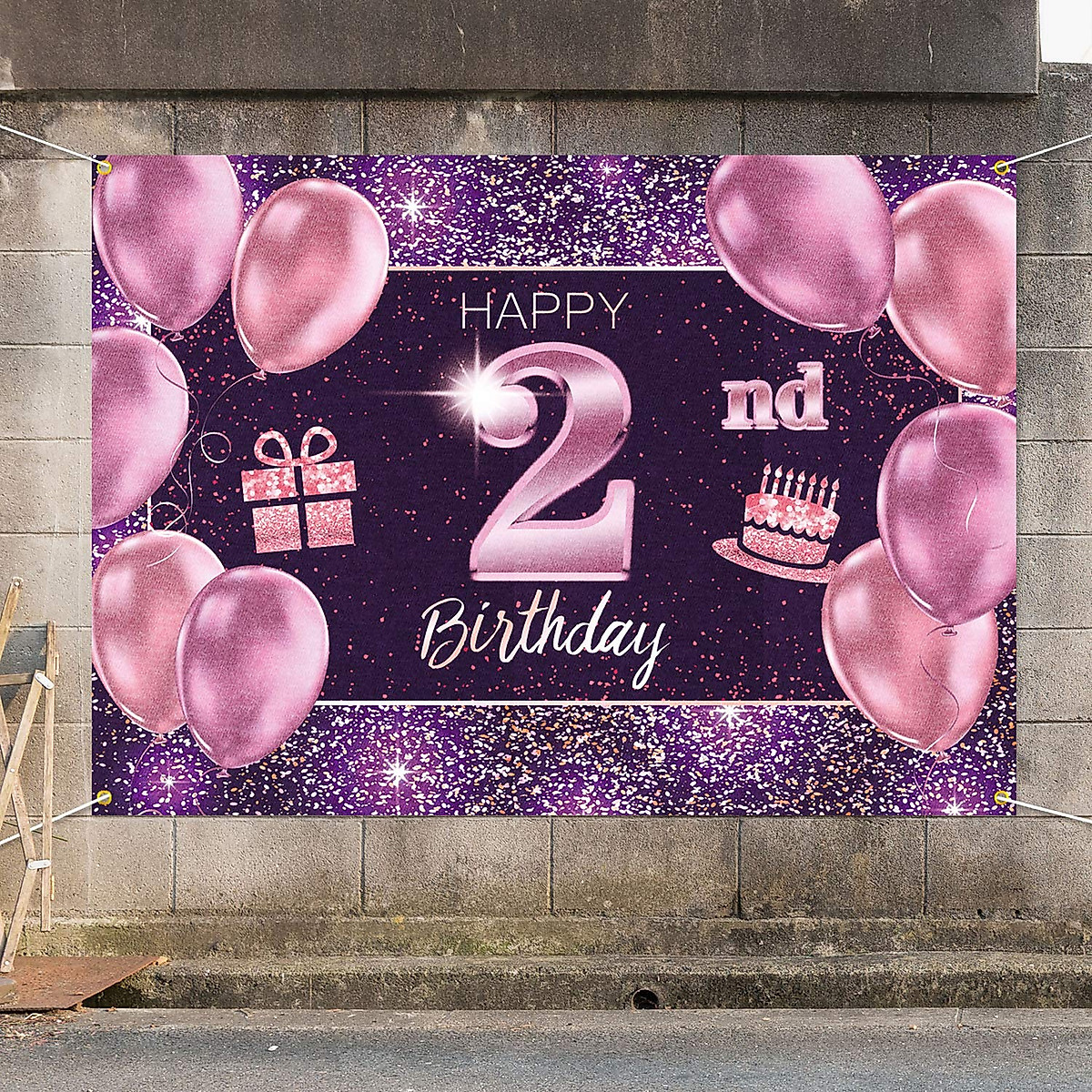 PAKBOOM Happy 2nd Birthday Banner Backdrop - 2 Birthday Party Decoration Supplies for Girls - Pink Purple Gold 4 x 6ft