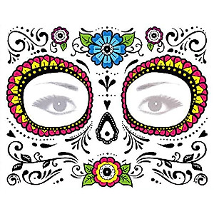 Day of Dead Face Tattoos, 6-Sheet Sugar Skull Tattoos Temporary Stickers and 3-Sheet Fake Floral Black Skeleton Web Full Face Mask Tattoo for Women Girls Kids Holloween Face Makeup