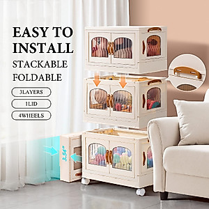 EHAMILY Stackable Storage Bins with 1 Lid Set 3 Tier,19 Gal Clear Plastic Folding Storage Box with Wheel and Door,Large Foldable Cabinet Collapsible Bin for Closet Organizer,Clothes,White