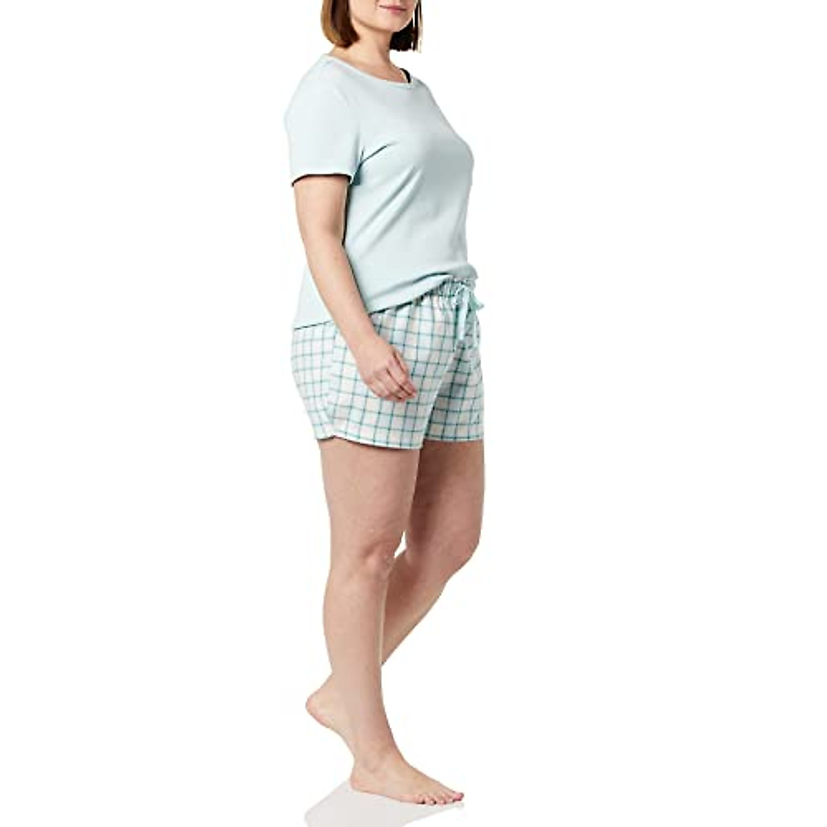 Amazon Essentials Women's Lightweight Flannel Short and Cotton T-Shirt Sleep Set, Light Blue Plaid, Small