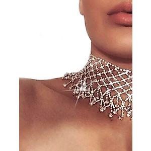 Nicute Festival Rhinestone Choker Full Crystal Necklaces Chain Summer Club Necklace Jewelry for Women (Silver)