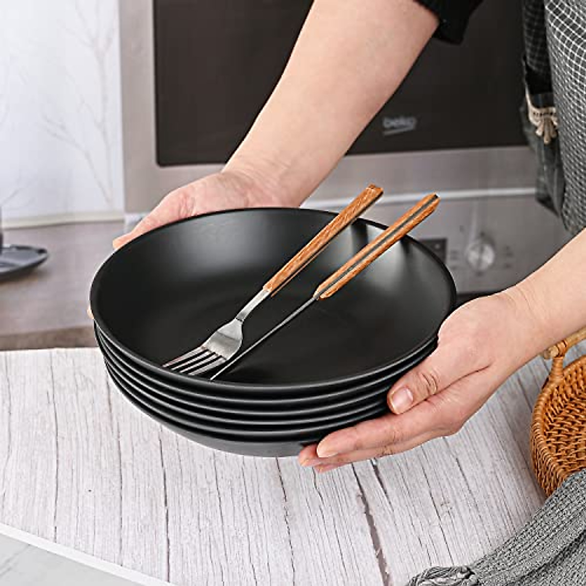 XUEJUN Bamboo Fiber Pasta Bowls 34oz, 8.5inch Pasta Bowls Set of 6, Large Salad Bowls Black Serving Bowls for Salad, Pasta, Fruits, Ice Cream, BPA free, Microwave & Dishwasher Safe