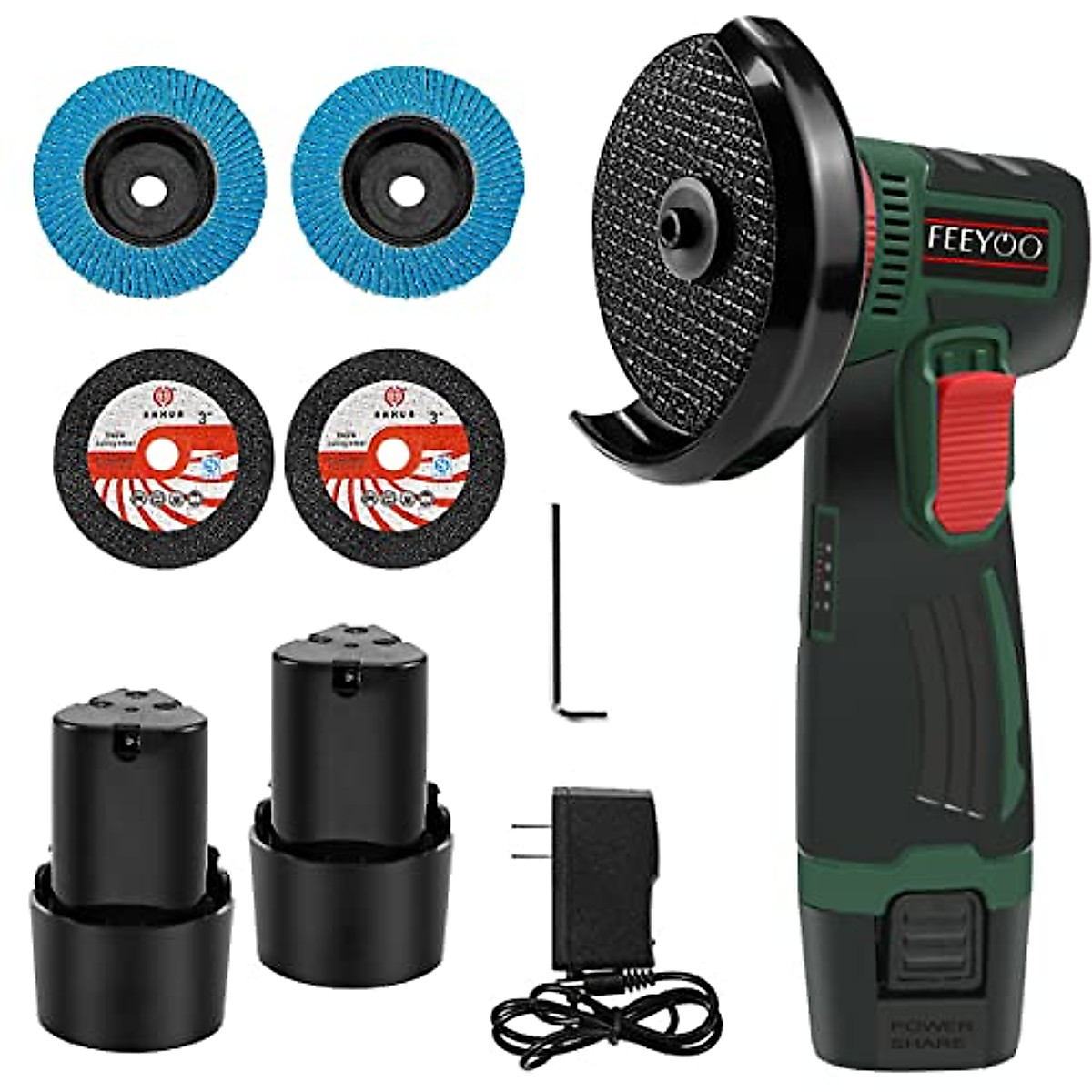 Cordless Angle Grinder, Mini 12.6V Battery Brushless Power Motor 19500 tr/min for Metal Wood Polishing, Thin Steel, Pipe, Plastic Cutting, Hand Cut Off Electric Grinding Tool (2 Batteries,4 discs 3”)