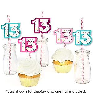 Big Dot of Happiness Girl 13th Birthday - Paper Straw Decor - Official Teenager Birthday Party Striped Decorative Straws - Set of 24