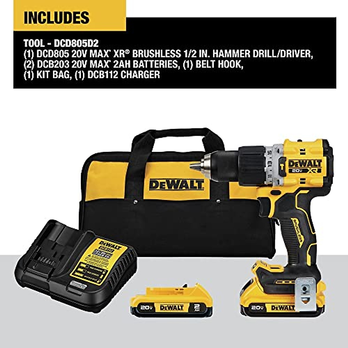 DEWALT 20V MAX* XR® Brushless Cordless 1/2 in. Hammer Drill/Driver Kit (DCD805D2), Yellow
