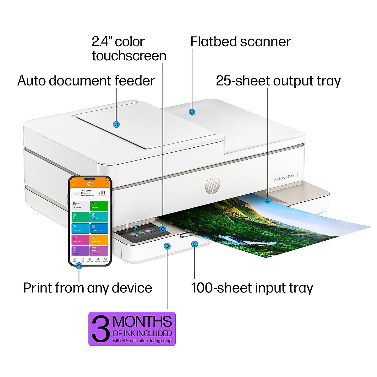 HP Envy 6555e Wireless All-in-One Color Inkjet Printer, Print, scan, Copy, Duplex Printing Best-for-Home, 3 months of Instant Ink included (714N5A)