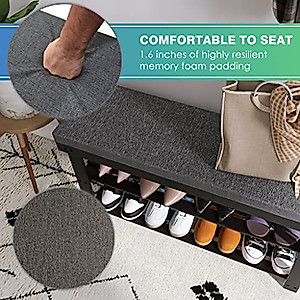 SMIBUY Shoe Rack Bench, 3-Tier Sturdy Bamboo Shoe Organizer with Upholstered, Storage Shelf for Entryway, Hallway, Bedroom or Living Room, 34.26 x 11.82 x 19.3 Inches, (Black and Grey)