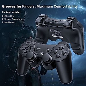 Controller 2 Pack for PS3 Wireless Controller for Sony Playstation 3, Double Shock 3, Bluetooth, Rechargeable, Motion Sensor, 360° Analog Joysticks, Remote for PS3, 2 USB Charging Cords, Black