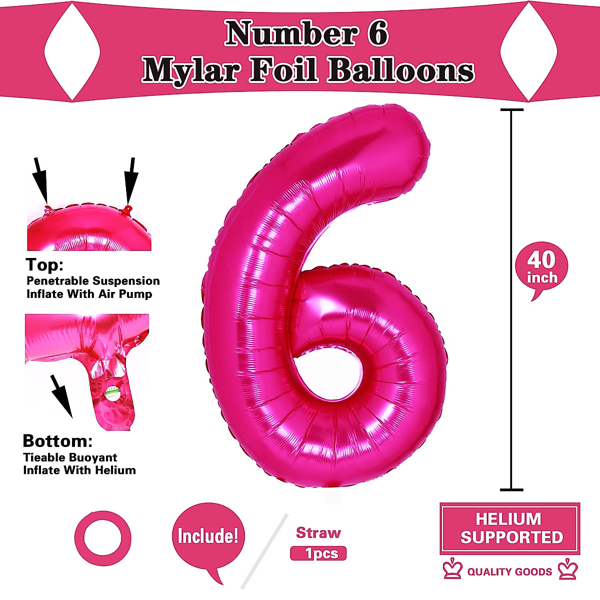 Giant Hot Pink Number 6 Balloon 40 Inch 6th Birthday Party Balloon Supplies Girl Boy Dark Pink Balloons 6 for Birthday Decorations for Girls Rose Pink Balloon Number 6 Anniversary Jungle Party Wedding
