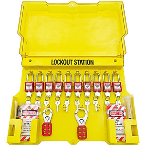 Lockout Tagout Station,Loto Kits, Includes 14 Key Different Padlocks with Numbers, 4 Lockout Hasps, 40 Lockout Tags, 20 Nylon Cable (Big Lock Station) Yellow