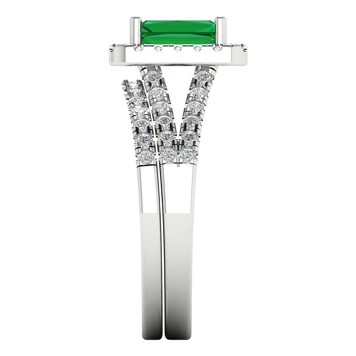 Clara Pucci 1.7 ct Emerald Cut Halo Solitaire Simulated Emerald Designer Art Deco Statement Wedding Ring Band Set 18K White Gold 8