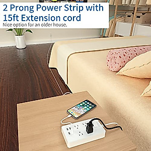 Rotating Plug 2 Prong Power Strip Surge Protector, NTONPOWER Two Prong Extension Cord 15 ft, 2 Prong to 3 Prong Outlet Adapter, 4 Outlets 4 USB Ports,Non-Grounded Outlets Ideal for Old House, White