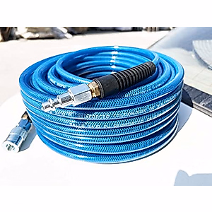 SANFU (PU) Polyurethane Reinforced Air Hose 1/4”ID(6.3 x 9.8mm) x 100ft, Anti-low temperature 300PSI with 1/4-Inch Swivel Solid Brass Quick Coupler and Plug, Navy Blue(100’)