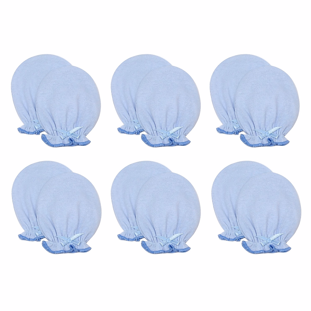 Liwely 6 Pairs Unisex-Baby No Scratch Mittens, 100% Cotton, Solid Blue with Bow