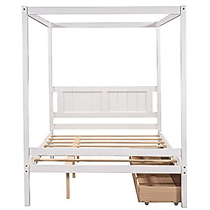 MOEO Full Size Canopy Platform Bed with 2 Drawers, Slat Support Leg, Wood Bedfram w/Guardrail for Kids, Adults, No Spring Box Required, White