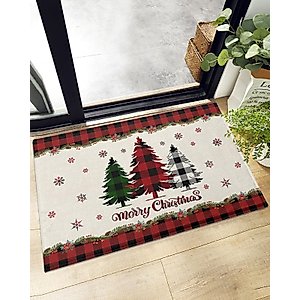 Indoor Doormat Xmas Tree Winter Snow,Shaggy Floor Mat with Non-Skid Backing Pine Cones Red Black Buffalo Check,Machine Washable Plush Area Rug Carpets for Kitchen Nursery Bedroom 16x24in