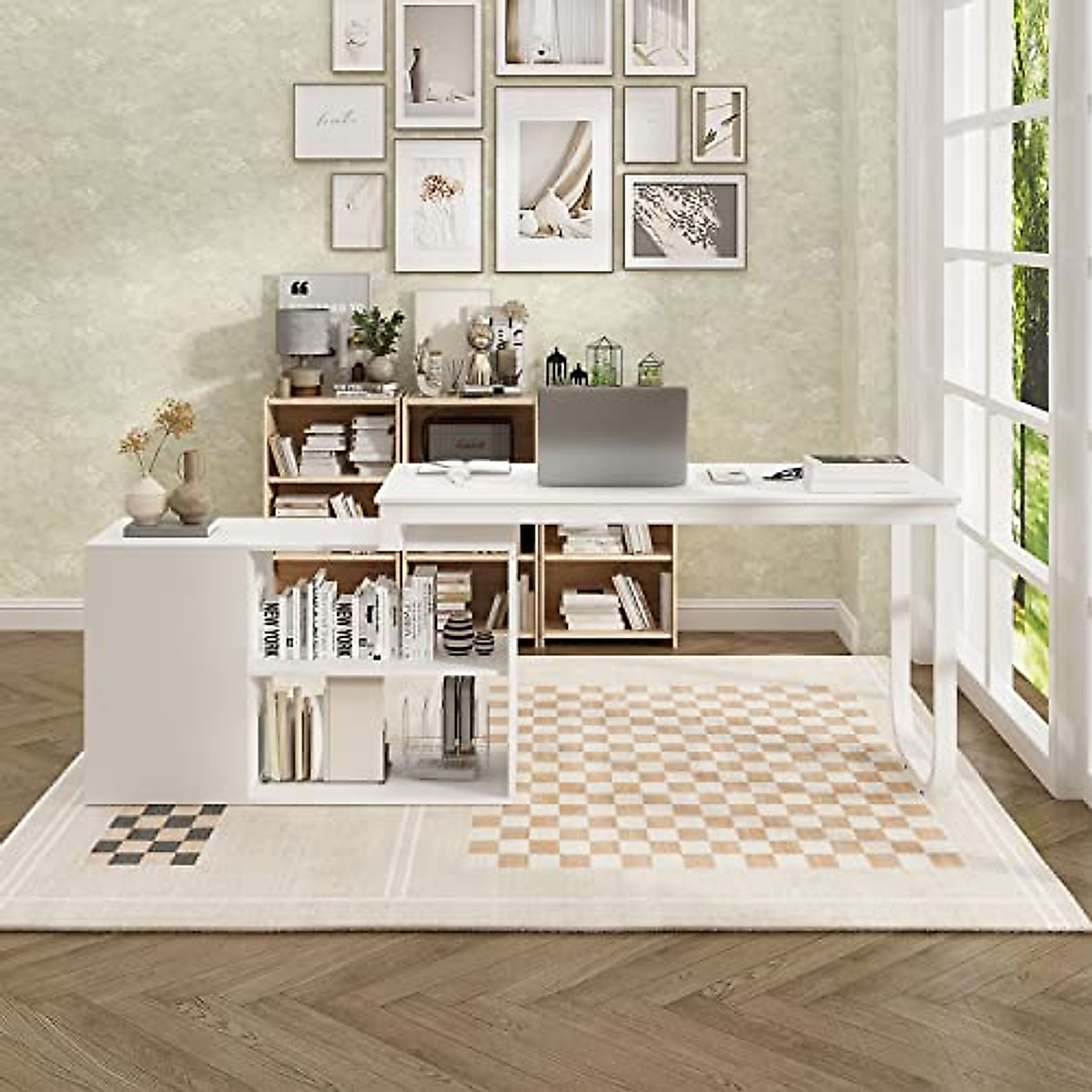 DiDuGo Office Desk with Drawers and Shelves, Home Office Desk L Shaped Desk with Metal Frame, Wood Corner Desk Computer Desk for Office Bedroom White