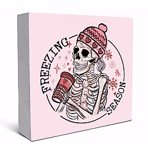 SRADMO Freezing Season Skull Wood Box Sign Desk Decor, Winter Decor, Winter Decorations, Pink Decor, Pink Decor For Bedroom Home Office, Christmas Pink Decorations, Winter Signs Shelf Table Decor