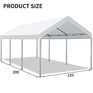 Rutile 12'x20' Carport Replacement Top Canopy Cover for Car Garage Shelter Tent Party Tent with Ball Bungees White (Only Top Cover, Frame is not Included)
