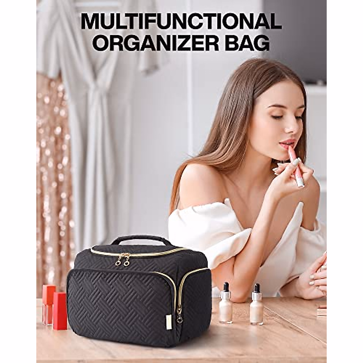 BAGSMART Travel Toiletry Bag for Women, Cosmetic Bag Makeup Bag Organizer with Handle, Travel Bag for Toiletries, Travel Accessories, Full Sized Container, Black-M