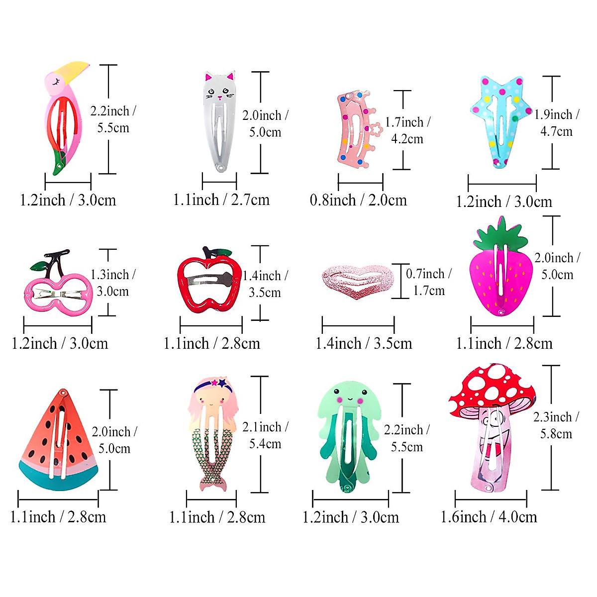 Girls Hair Clips Barrettes, Funtopia 80 Pcs Lovely Animal Fruit Printed Pattern Metal Snap Hair Clips Cartoon Design Hairpins for Kids Teens Pets