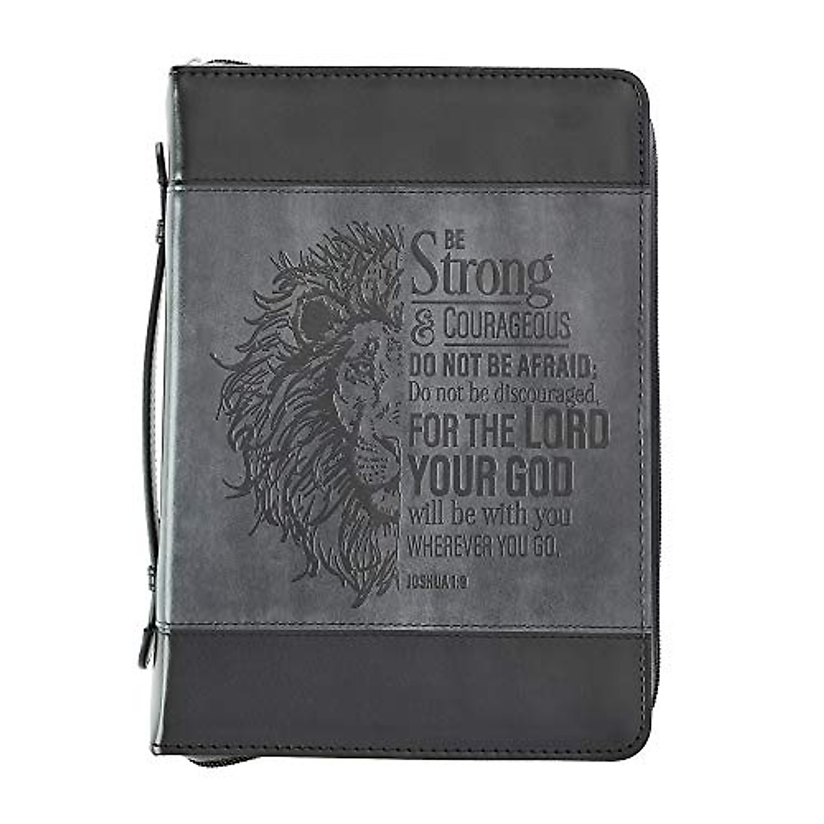 Christian Art Gifts Classic Faux Leather Bible Cover for Men and Women: Be Strong and Courageous - Joshua 1:9 Inspirational Bible Verse with Lion, Gray and Black, Large
