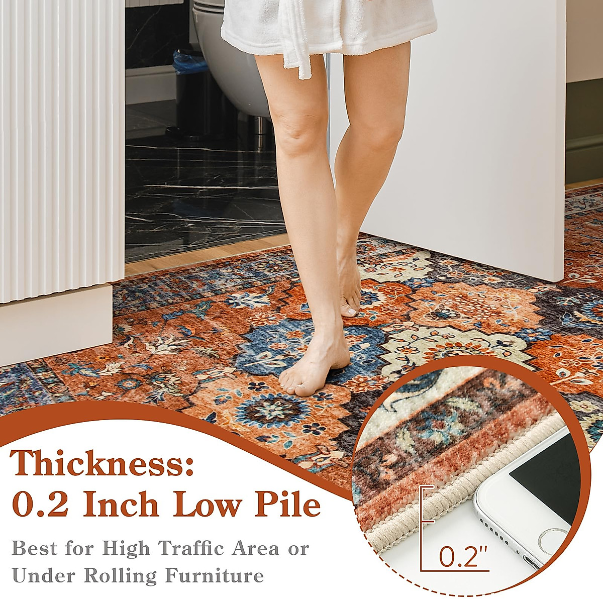 Moynesa Moroccan 8x10 Area Rug, Washable Rugs for Living Room, Bohemian Soft Large Bedroom Rug, Non Shedding Low Pile Floor Carpet for Dining Room Office Decor, Rust