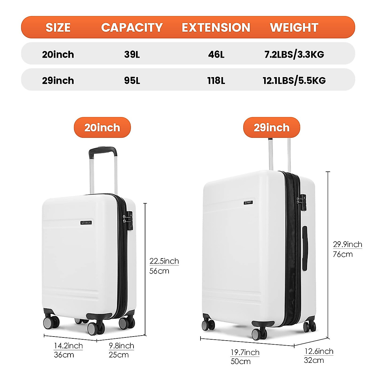 PRIMICIA GinzaTravel 2-Piece Luggage Sets Expandable Suitcases with 4 Wheels PC+ABS Durable Hardside Luggage sets TSA lock (White, 2-Piece Set(20"/29"))