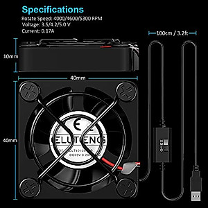 ELUTENG 40mm USB Fan with 3 Speed Control USB Ventilator 5V Max 5300RPM High Flow VR Cooling Fan Compatible for Receiver DVR Playstation Xbox Computer Cabinet Cooling